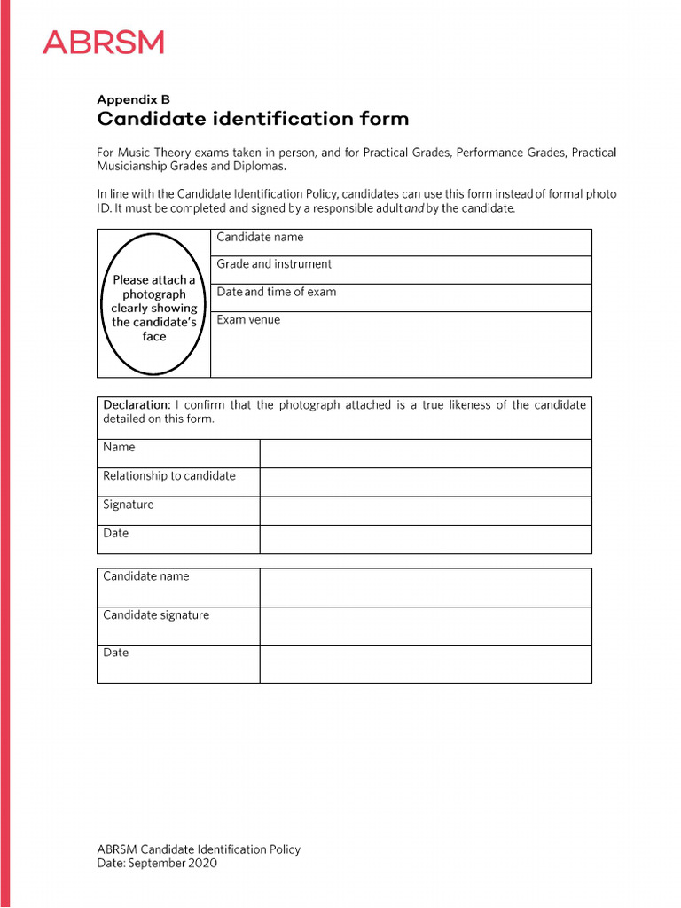 Candidate ID Form - All Exams Apart From Online Music Theory PDF | PDF