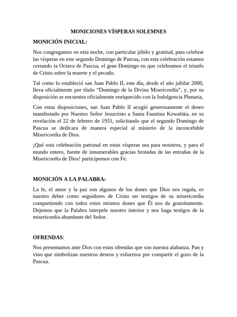 Moniciones Vísperas Solemnes | PDF
