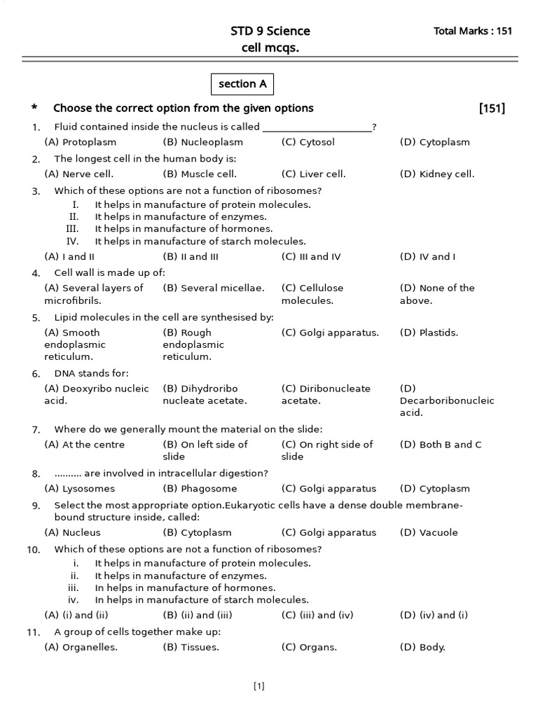 Cell Mcqs 1 Cbse | PDF | Cell (Biology) | Endoplasmic Reticulum