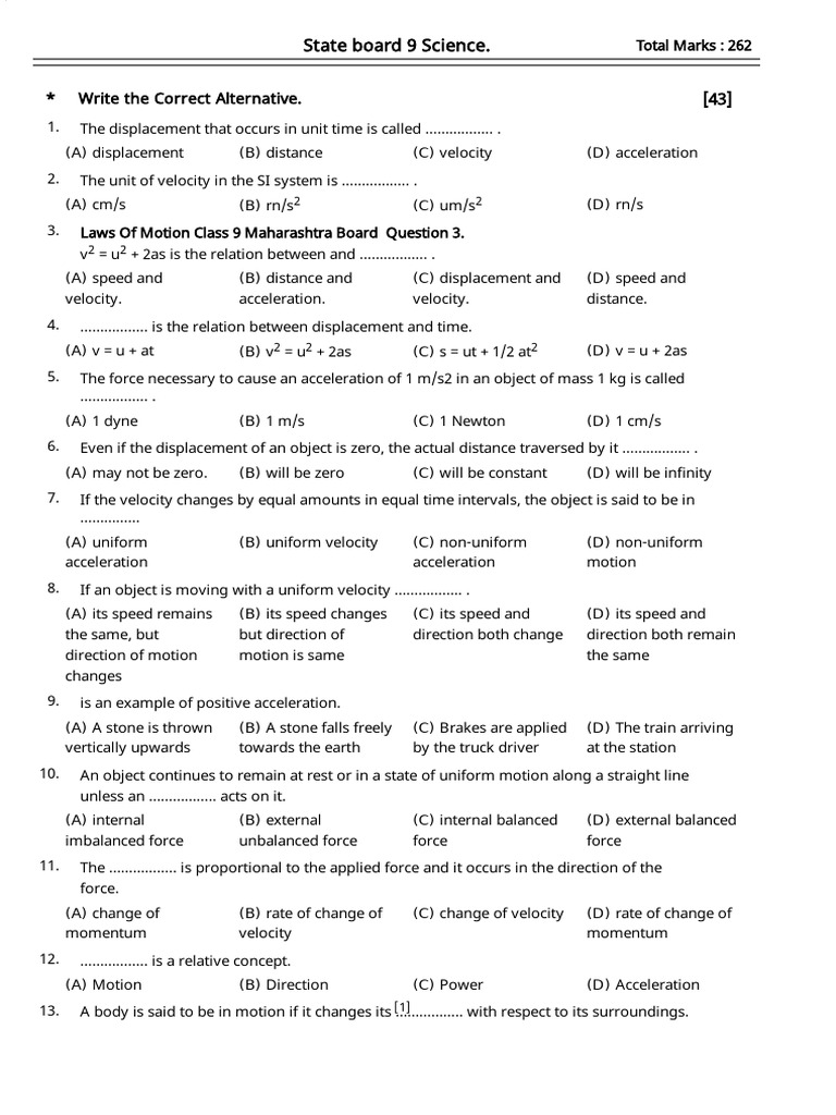 9th State Board Science Motion. | PDF | Force | Acceleration