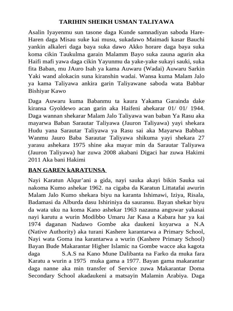 Tarihin Sheikh Usman Taliyawa | PDF