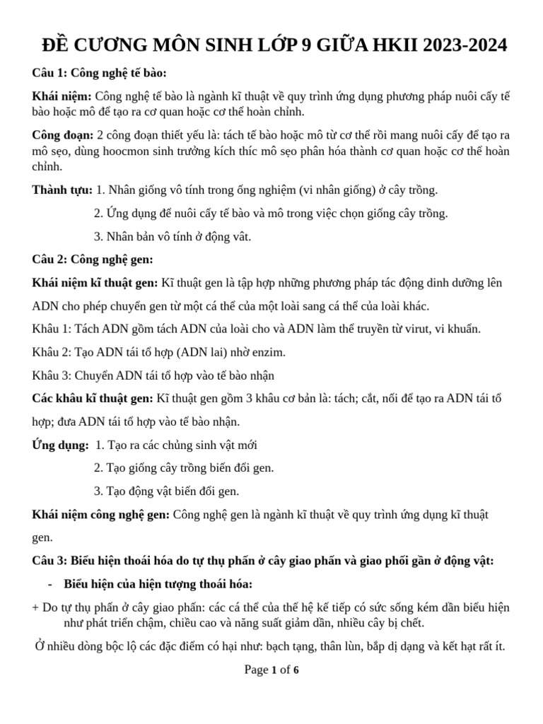 ĐỀ CƯƠNG MÔN SINH LỚP 9 GIỮA HKII 2023 | PDF