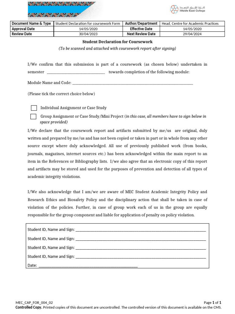 MEC CAP For 004 02 Student Declaration For Coursework | PDF
