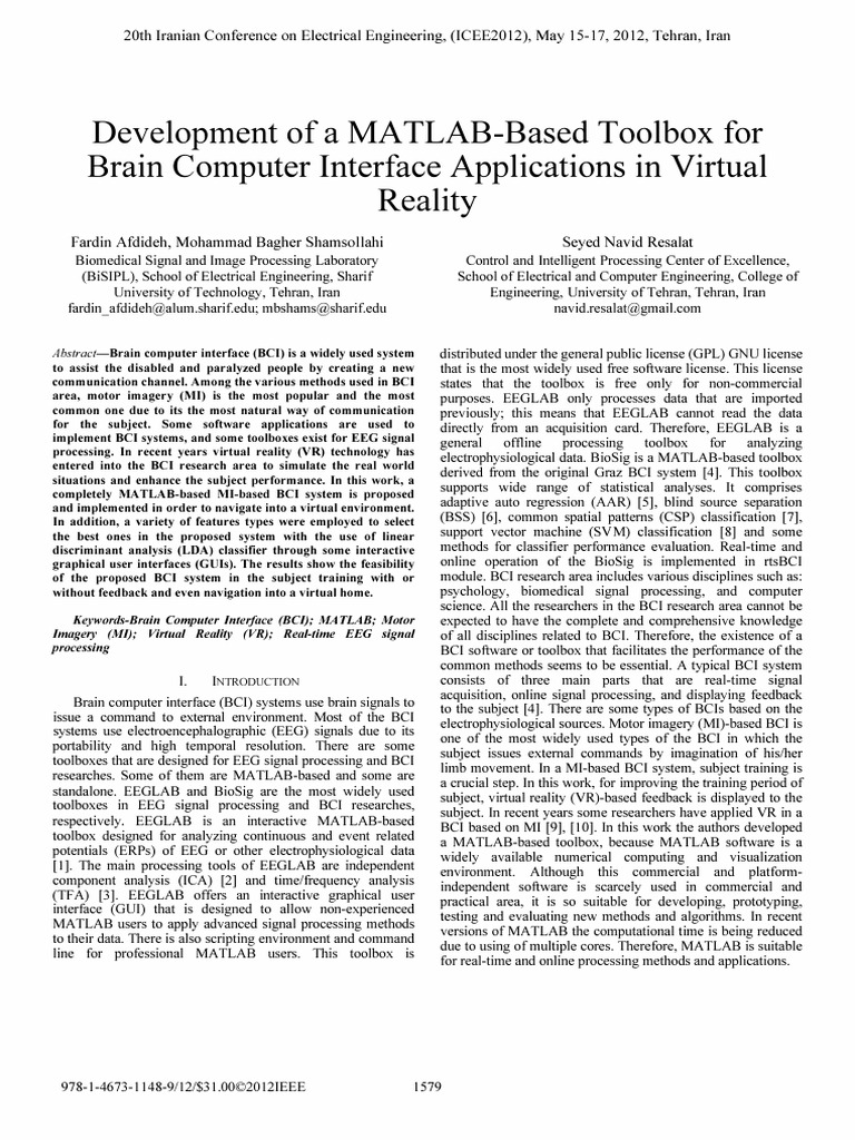 Development of A MATLAB-based Toolbox For Brain Computer Interface Applications in Virtual ...