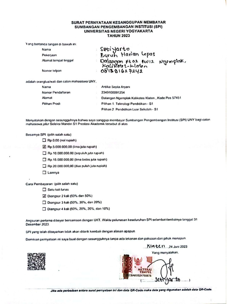 Surat Pernyataan SPI | PDF