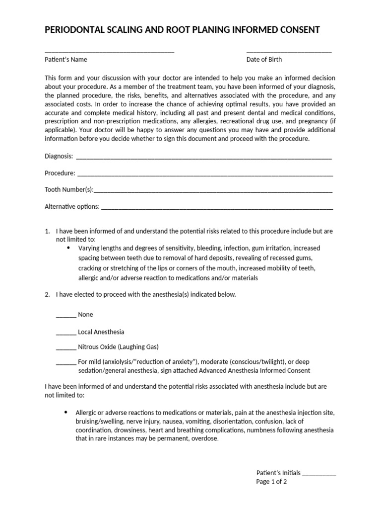 Periodontal Scaling and Root Planing Informed Consent | PDF