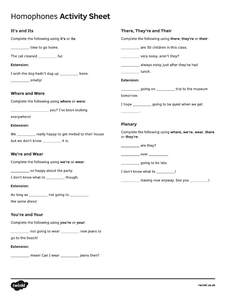 Homophones Common Errors in Spelling and Punctuation Activity Sheet | PDF