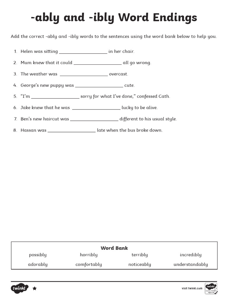Ably and Ibly Word Endings Differentiated Activity Sheets | PDF