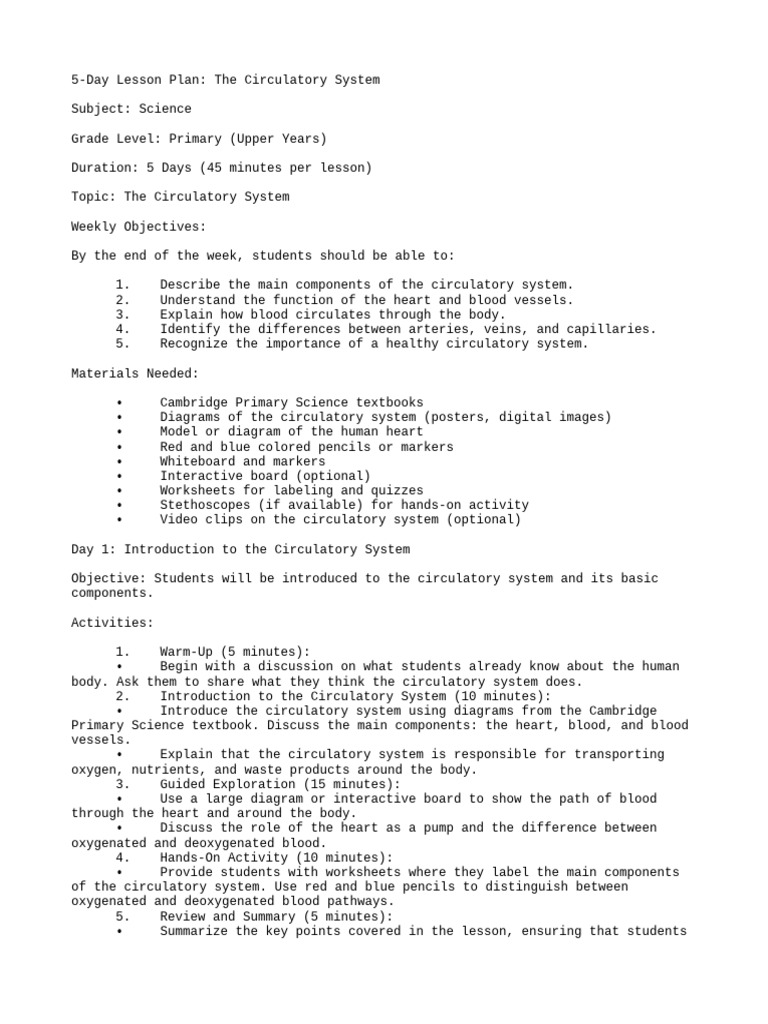 Circulatory System Lesson Plan | PDF | Artery | Heart
