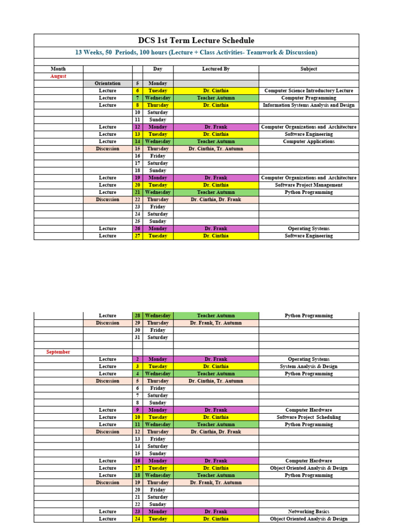 DCS 1st Term Lecture Schedule | PDF