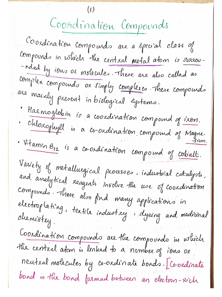 Co Ordination Compounds Complete Notes Pdf