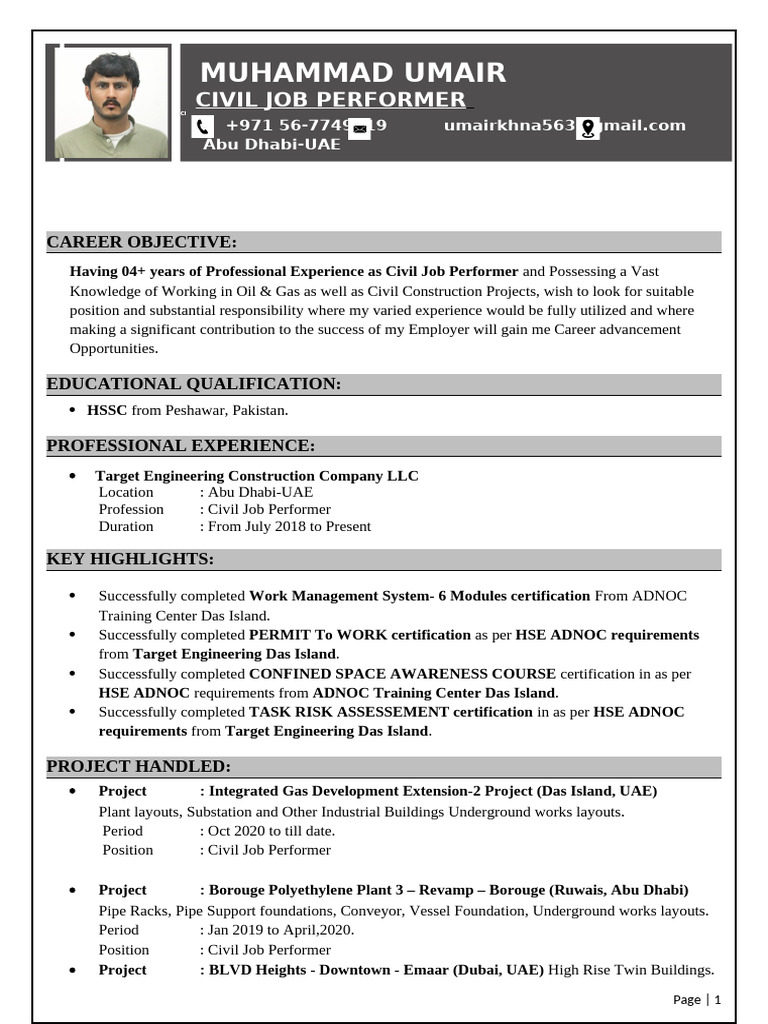 Umair C.V (Job Performer) | PDF
