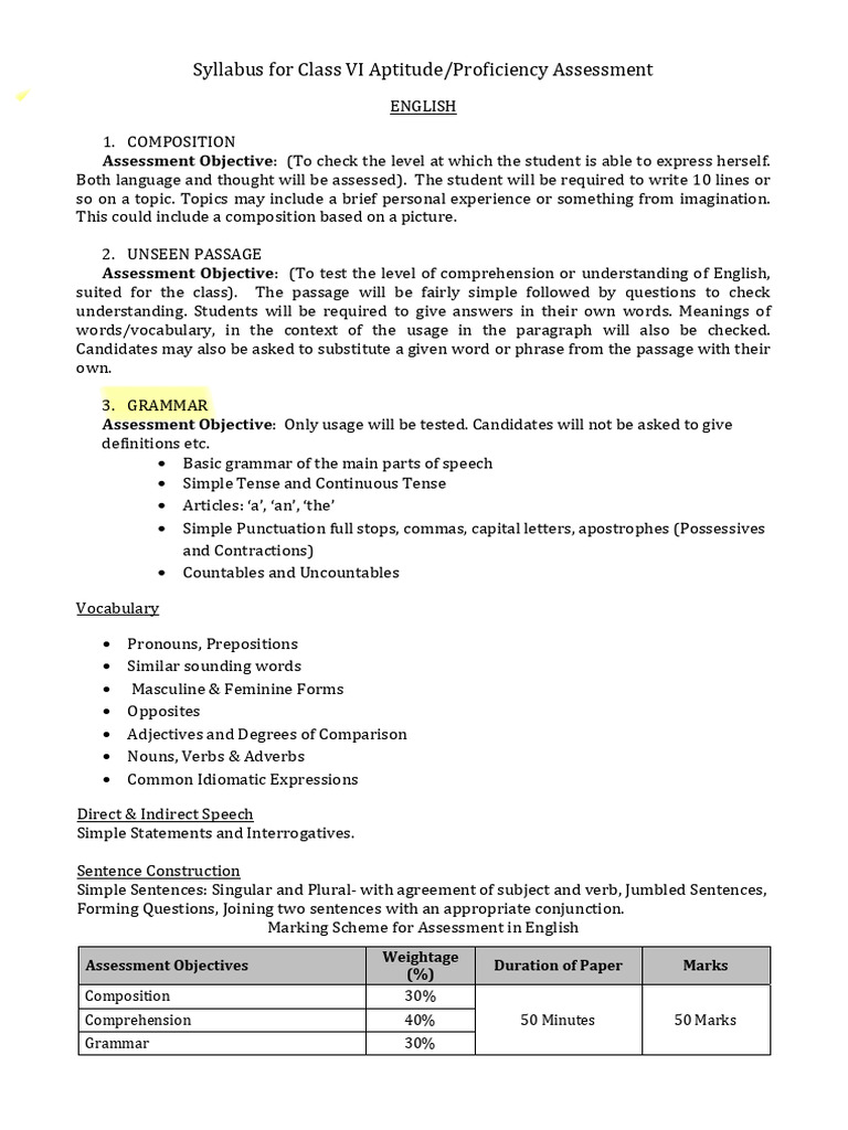 SyllabusforClassVI AptitudeAssessment 240726 205335 | PDF | English Language | Numbers