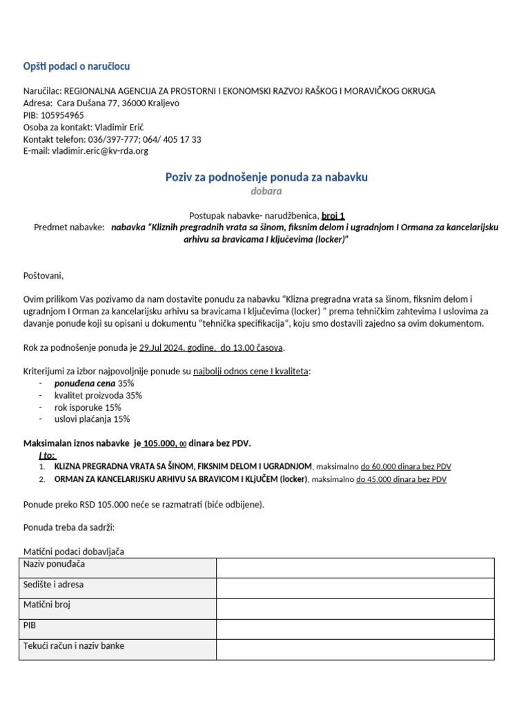 Poziv Za Podnosenje Ponuda 1 2024 | PDF