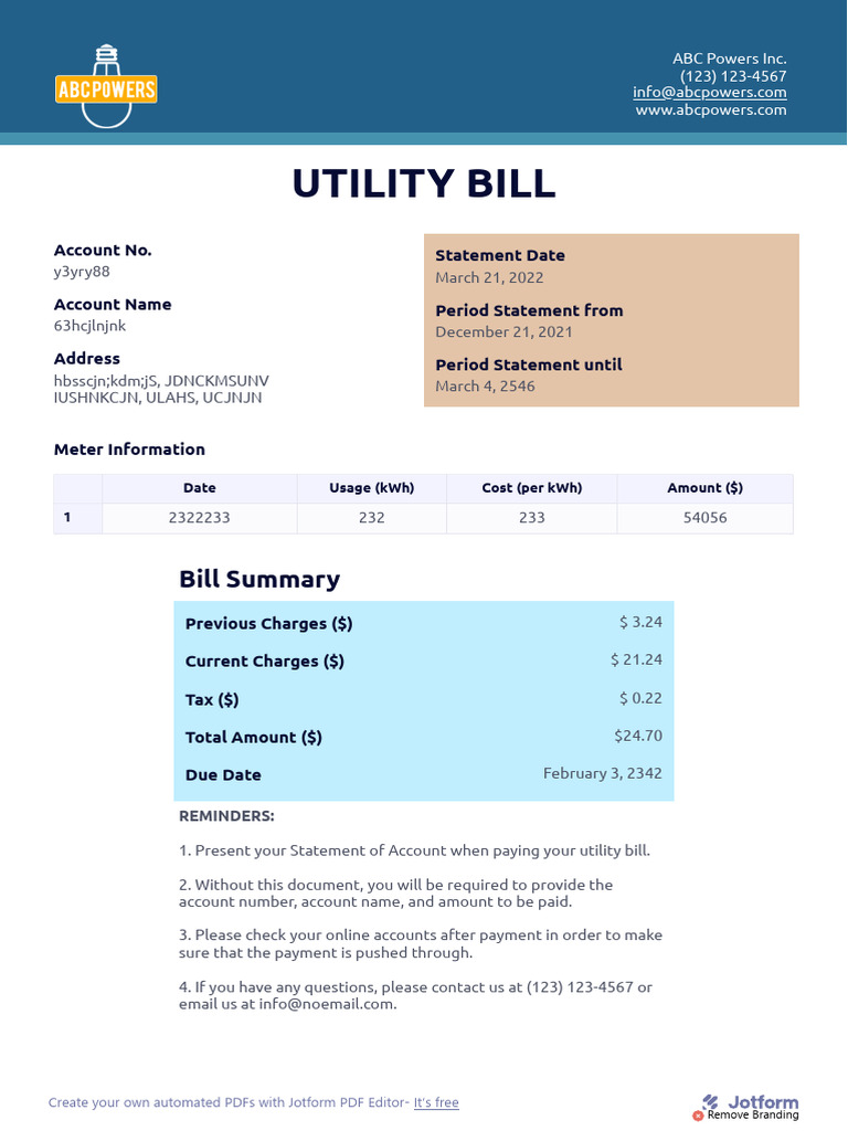 Utility Bill Template - Jotform PDF Editor | PDF