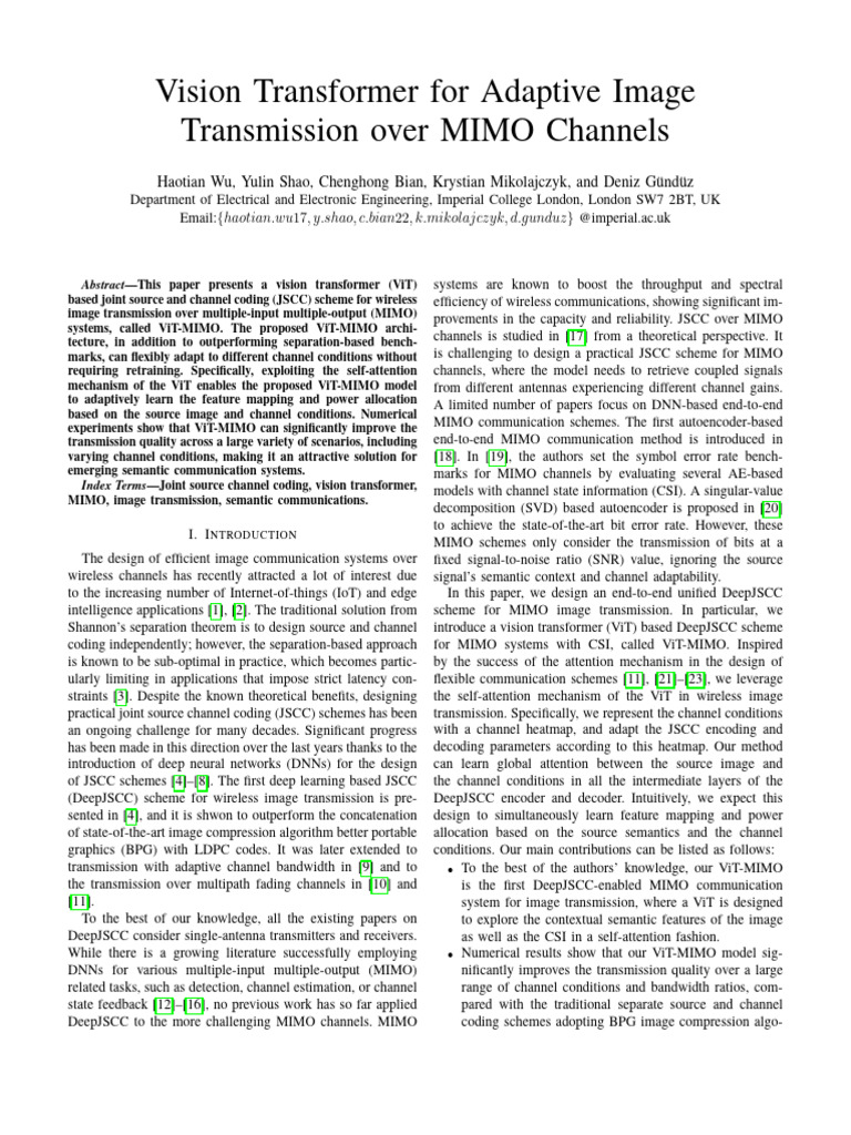 Vision Transformer For Adaptive Image Transmission Over MIMO Channels | PDF