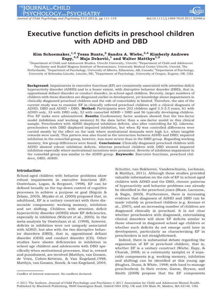 Executive Function Deficits in Preschool Children | PDF