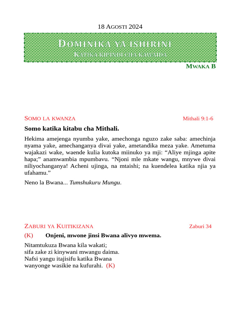 Ominika Ya Ishirini: Somo Katika Kitabu Cha Mithali | PDF