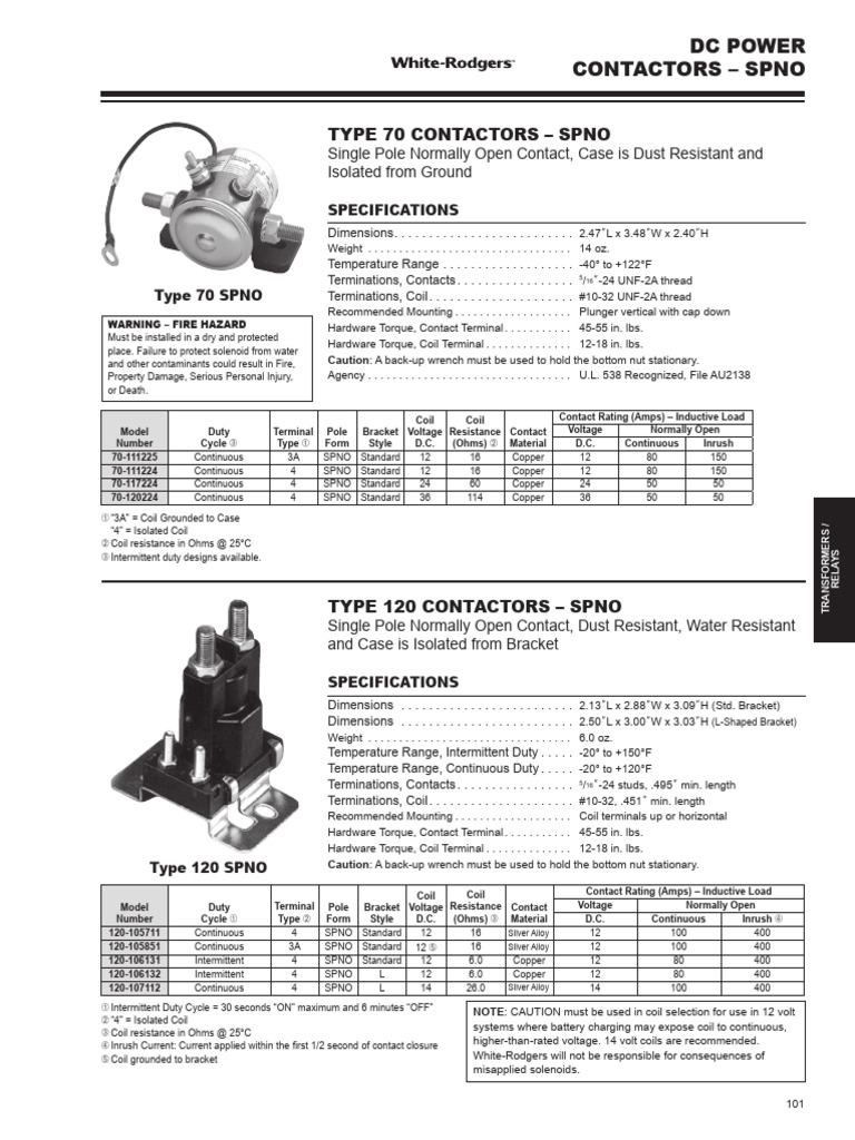 White-Rodgers DC POWER CONTACTORS - SPNO | PDF | Inductor | Relay