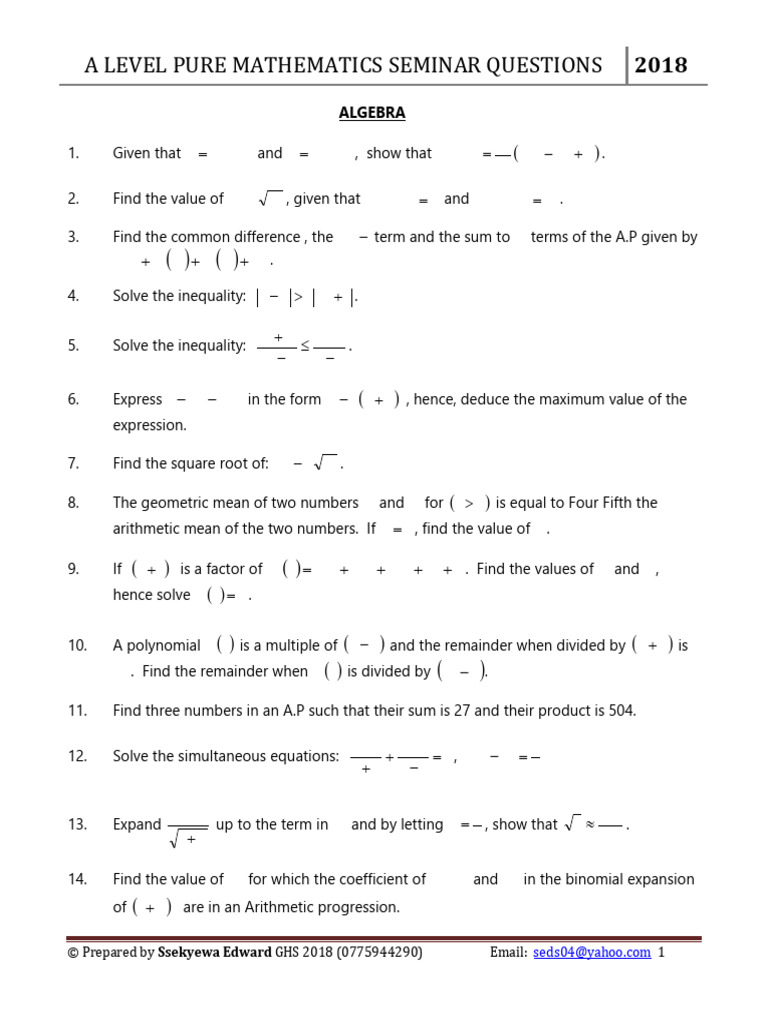 Ad Level Pure Mathematics Seminar Questions 2018 | PDF