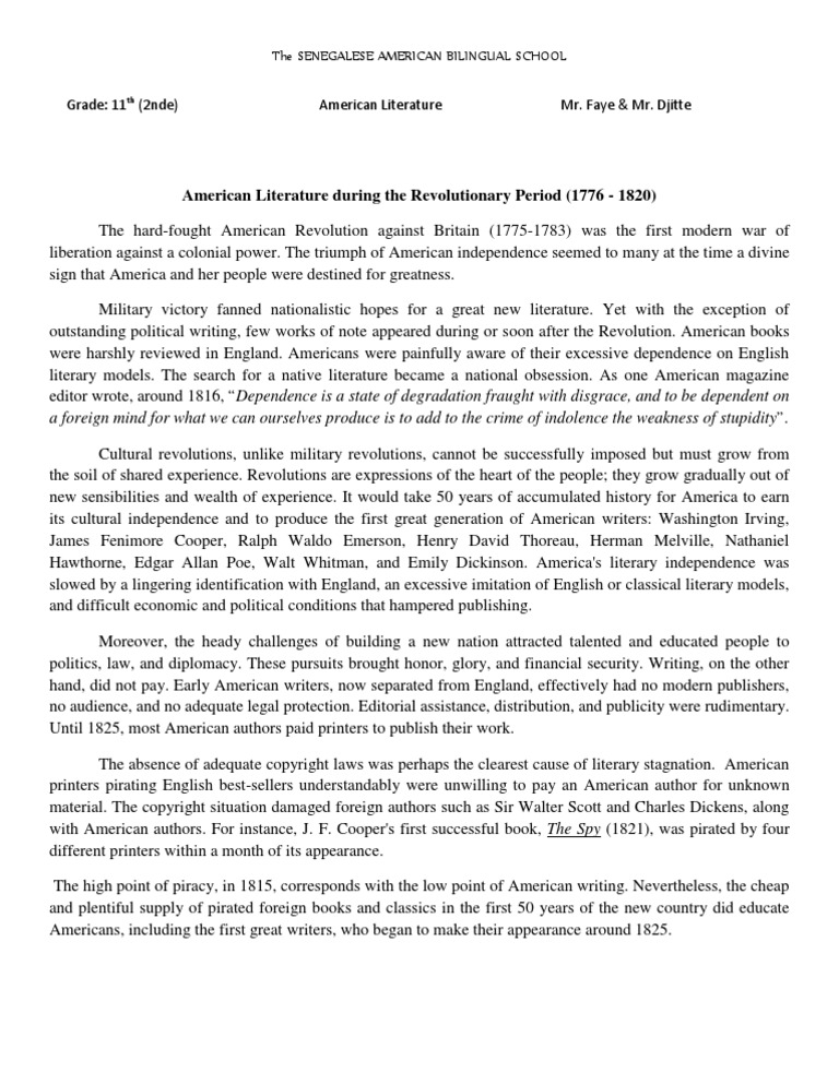 American Literature During The Revolutionary Period (1776 - 1820) | PDF