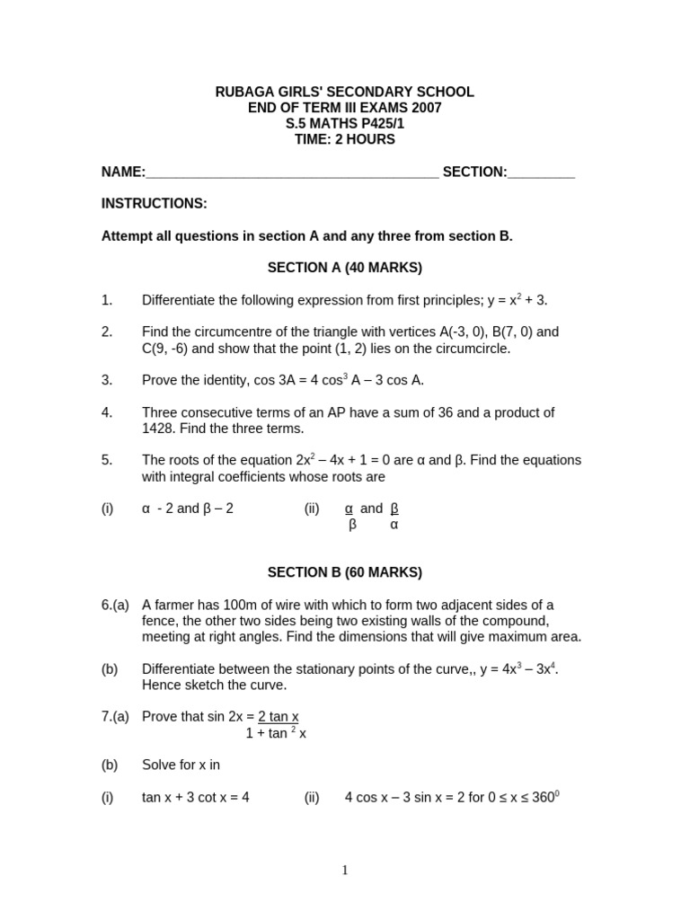 s.5 Math 1 Eot 3 07 | PDF