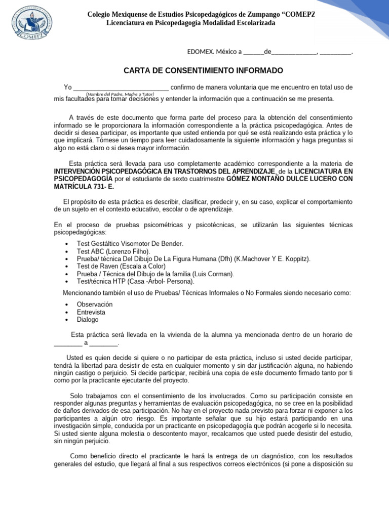 Carta de Consentimiento Informado - Brayan | PDF