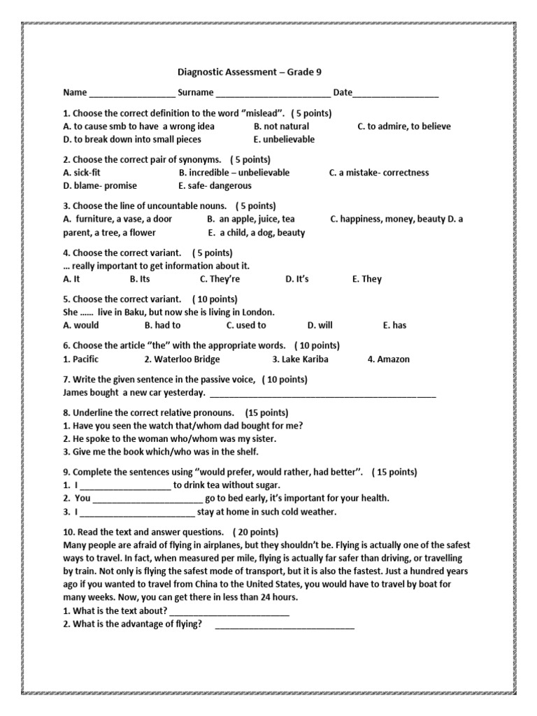 Diagnostic Assessment - Grade 9 (Gulshan Anar) | PDF