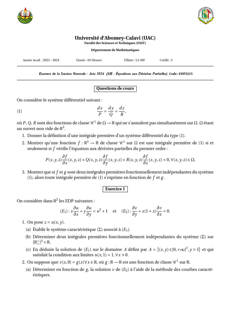 Examen EDP L3 MIA Juin 2024 Normale - Correction - Bareme | PDF