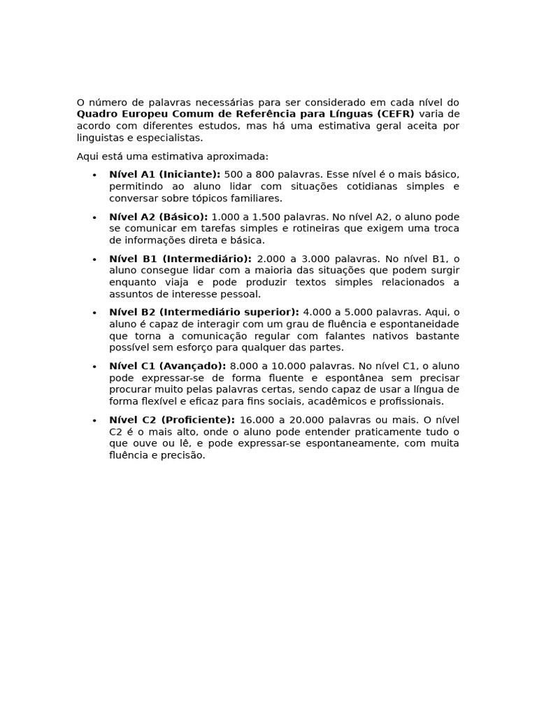 Número de Palavras Necessárias A1, A2, B1, B2, C1, C2. | PDF