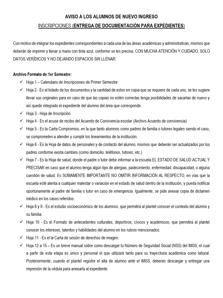 Documentos Nuevo Ingreso 2024 | PDF