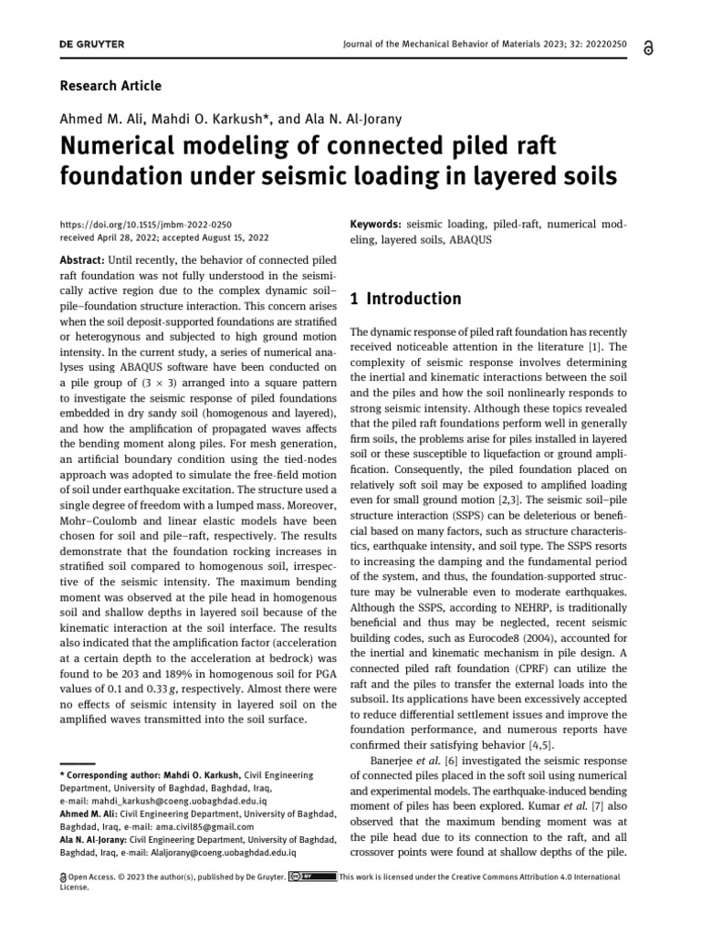 Numerical Modeling of Connected Piled Raft Foundation Under Seismic Loading in Layered Soils | PDF