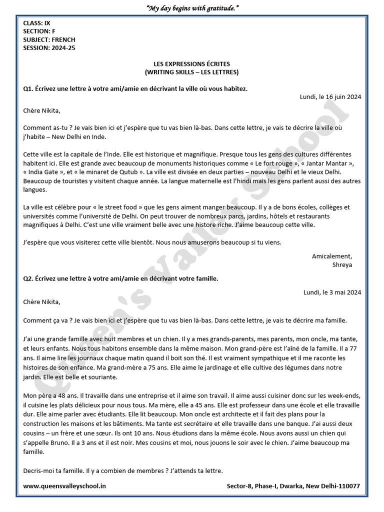 French Letter Writing Guide for Class IX | PDF
