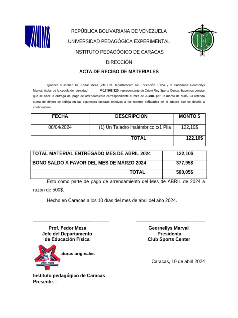 Acta de Recibo de Materiales Abril 2024 | PDF