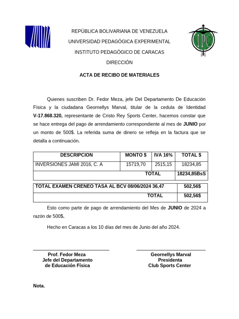 Acta de Recibo de Materiales Junio 2024 | PDF
