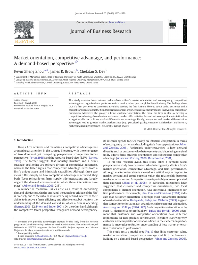 Market Orientation, Competitive Advantage, and Performance (A Demand Based Perspective) | PDF