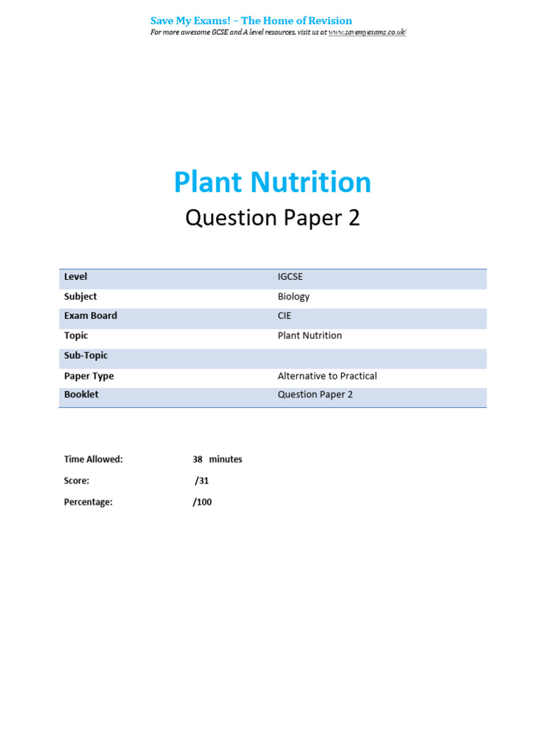 6.2 Plant Nutrition CIE IGCSE Biology Practicals QP | PDF