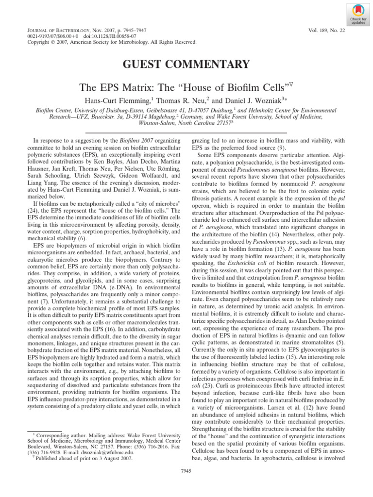 Flemming Et Al 2007 The Eps Matrix The House of Biofilm Cells | PDF