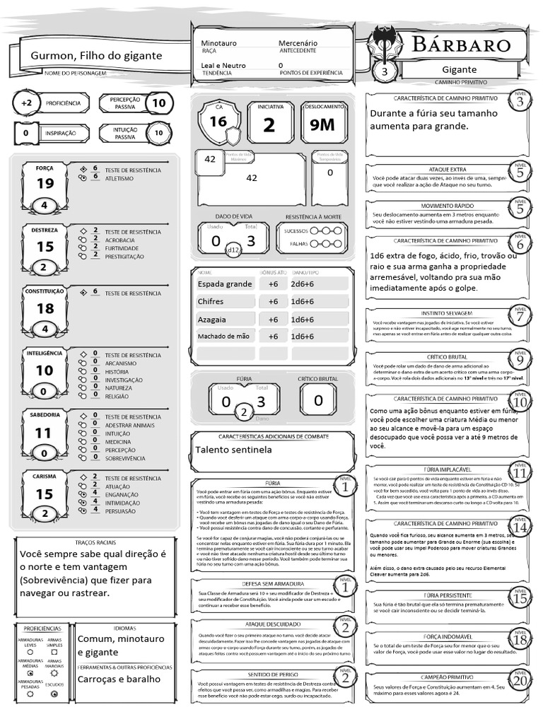 DND 5e - Ficha - Bárbaro - Editável | PDF