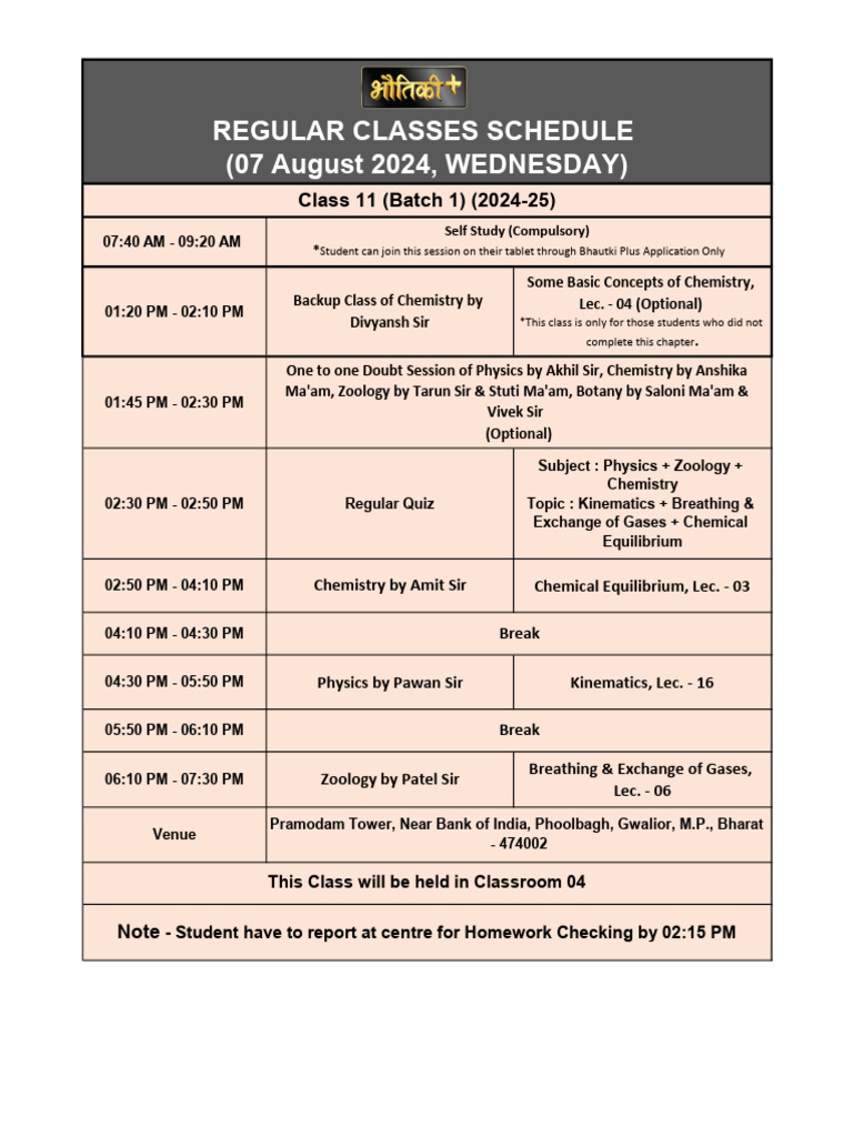 Regular Classes Schedule (07-08-2024) | PDF | Natural Sciences ...