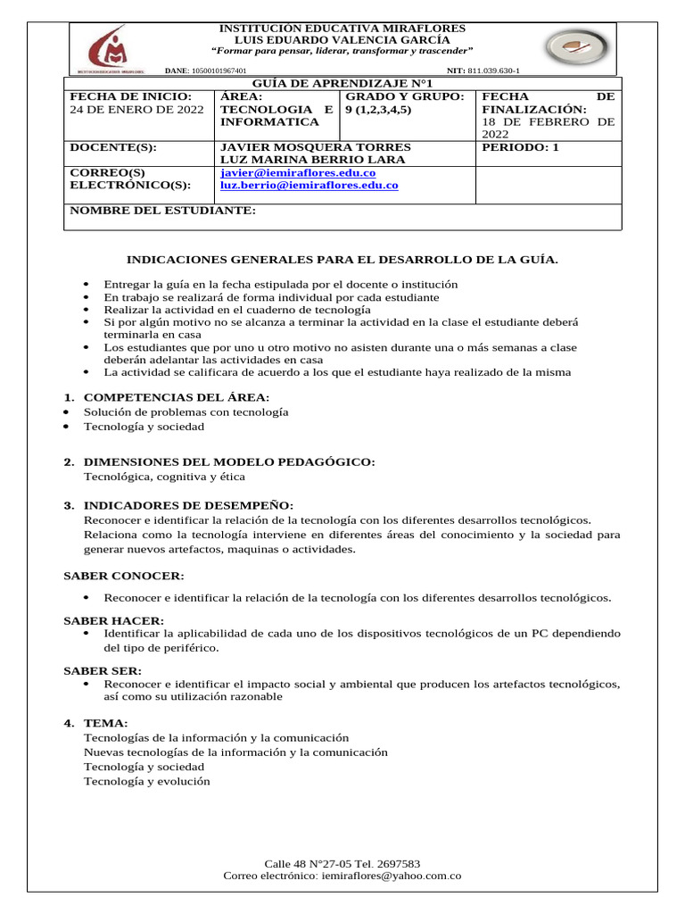 Formato Guias de Aprendizaje N°1 Primer Periodo (Tecnologia e Informatica) | PDF