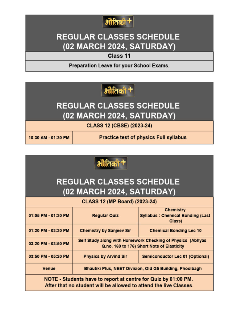 Regular Classes Schedule (02-03-2024) BPN | PDF