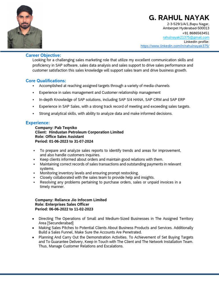 Rahul Nayak Resume 1121 Final | PDF | Customer Relationship Management | Sales