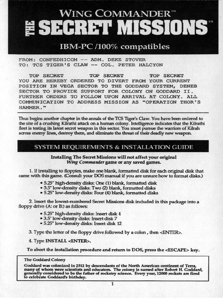 Wing Commander - The Secret Missions - Reference Card | PDF