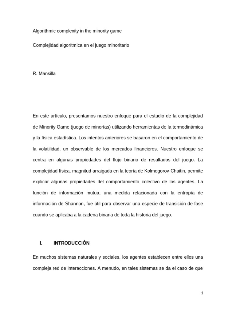 Algorithmic Comlexity in The Minority Game | PDF