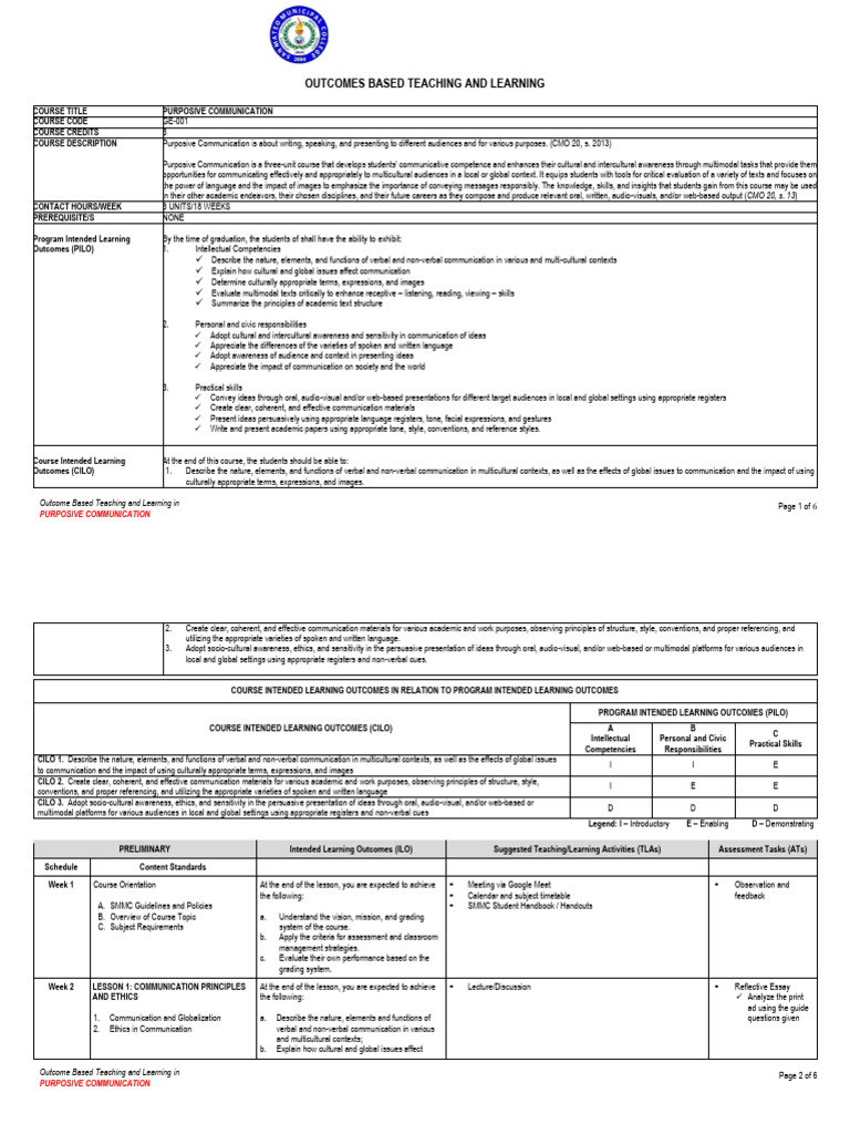OBTL Course Syllabus and Course Outline Purposive Communicationv3 | PDF