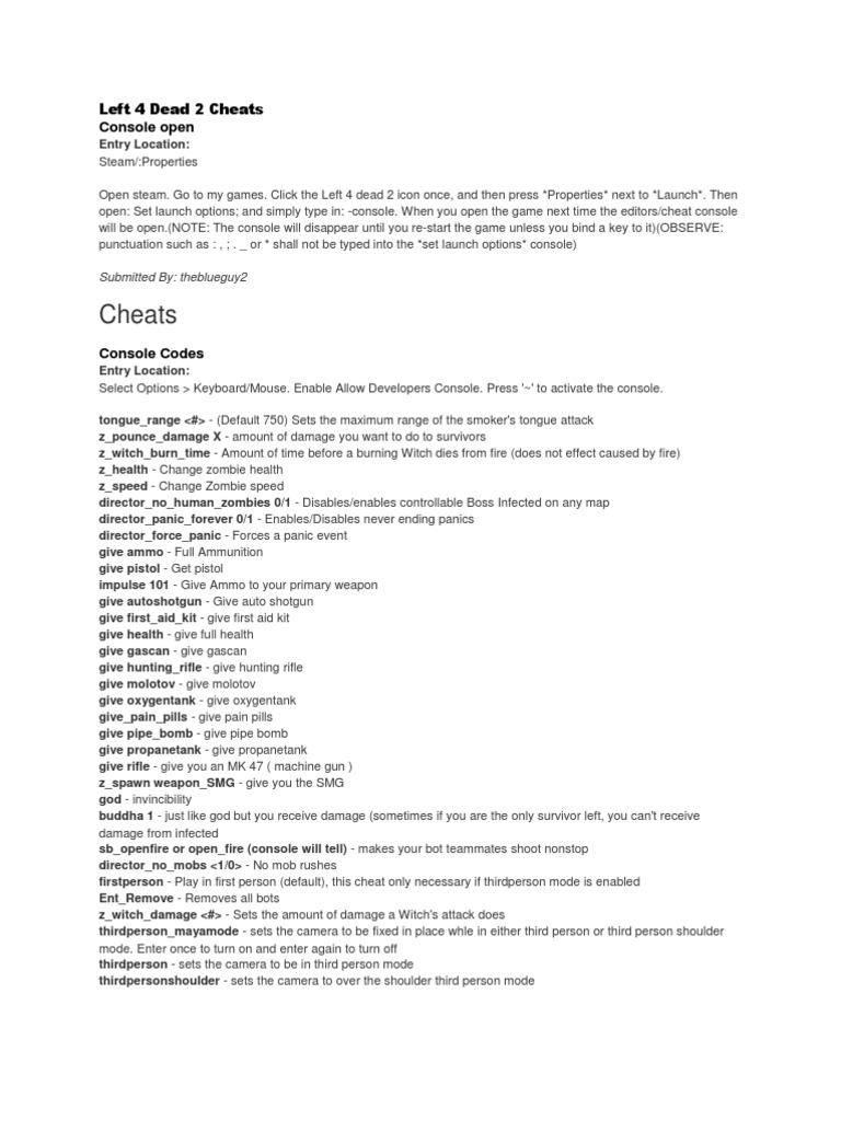Left 4 Dead 2 Cheats | PDF | Cheating In Video Games | Weaponry