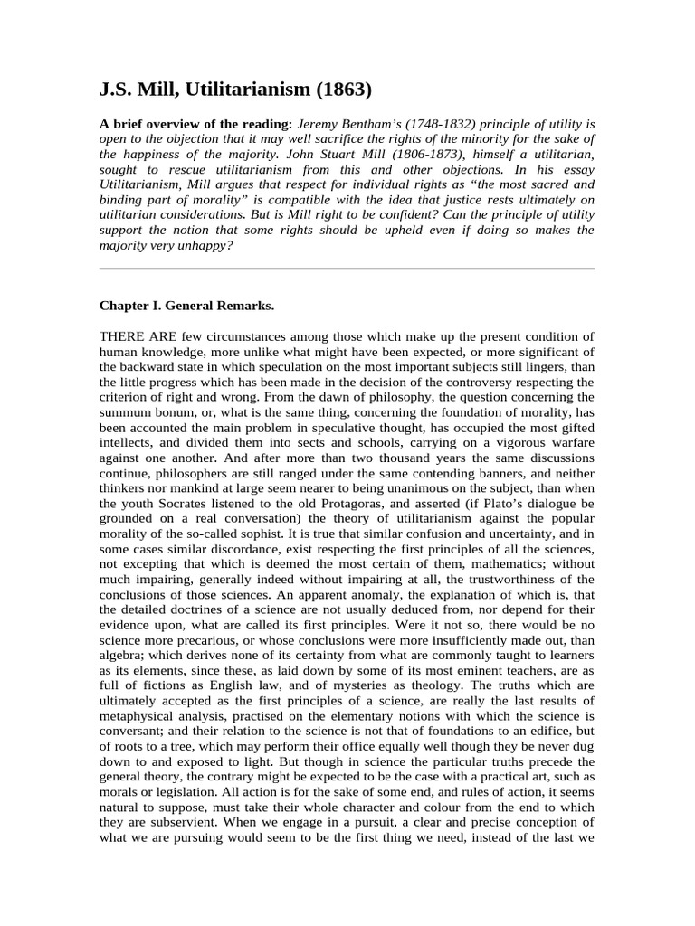 J.S. Mill, Utilitarianism (1863) | PDF