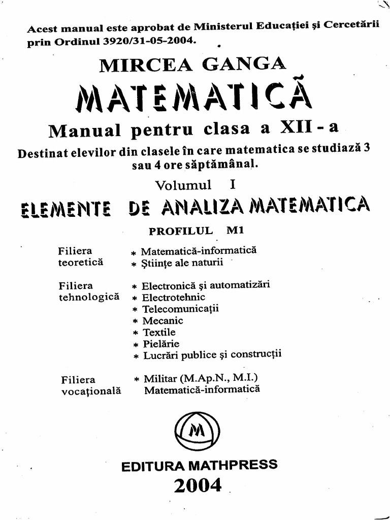 Manual Cls.12 (I) Elemente de Analiza Matematica - M. Ganga (2004) | PDF