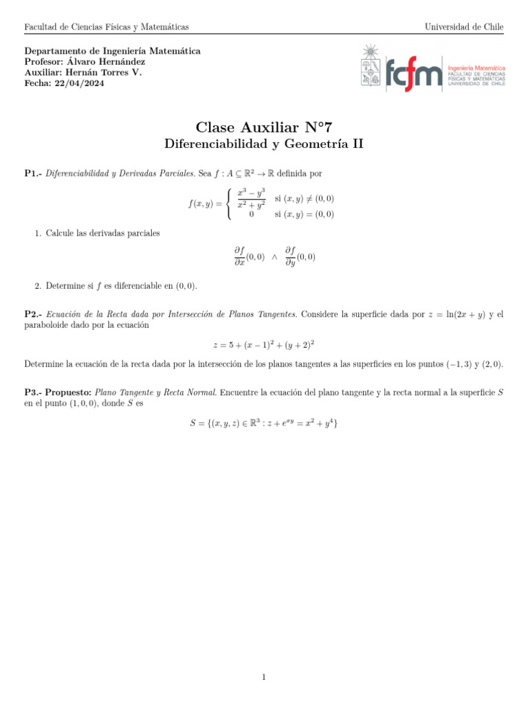 Enunciado Clase Auxiliar 7 Geometr A y Diferenciabilidad II | PDF